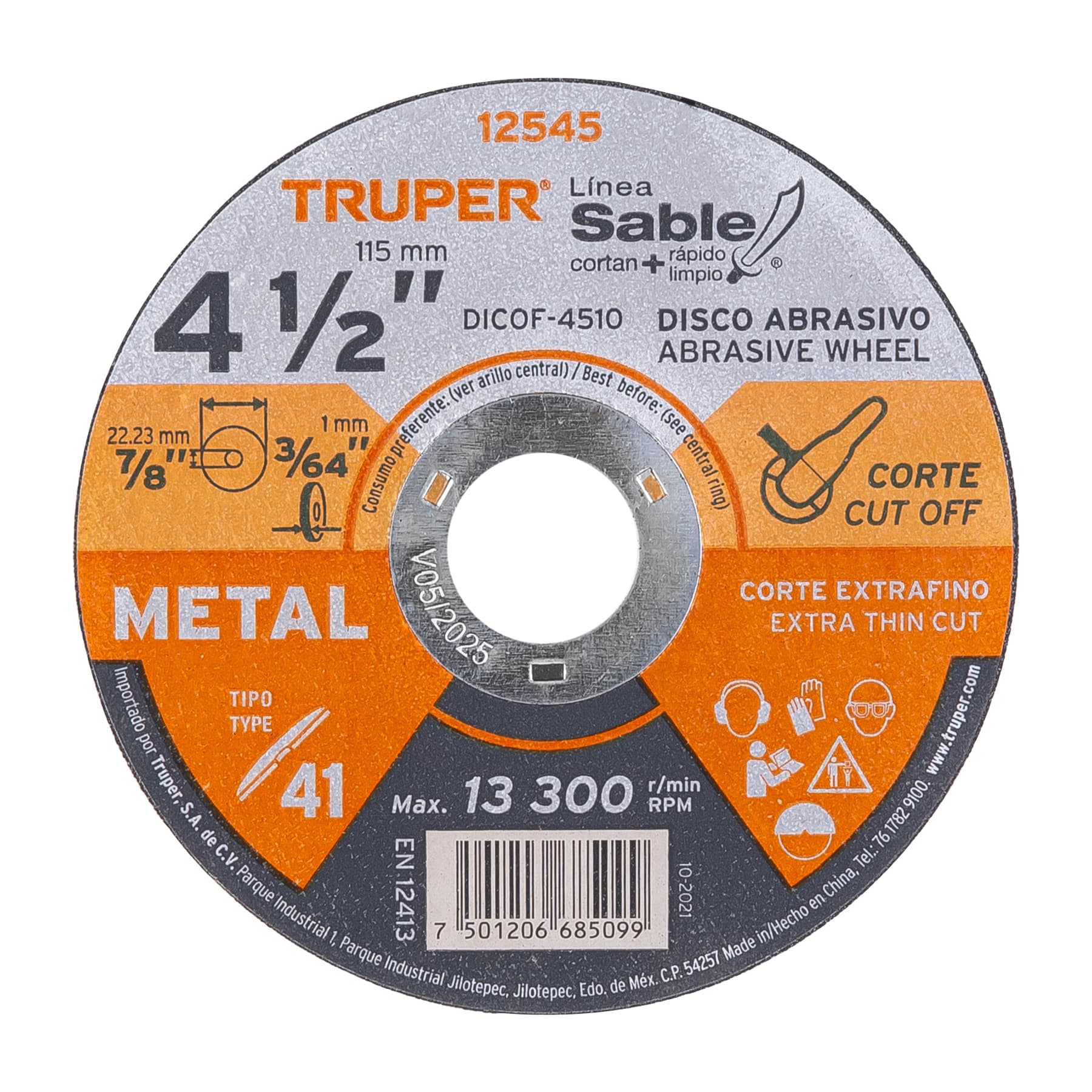 DISCO DE CORTE EXTRAFINO PARA METAL DE 4 1/2″ X 1 MM – TRU12545
